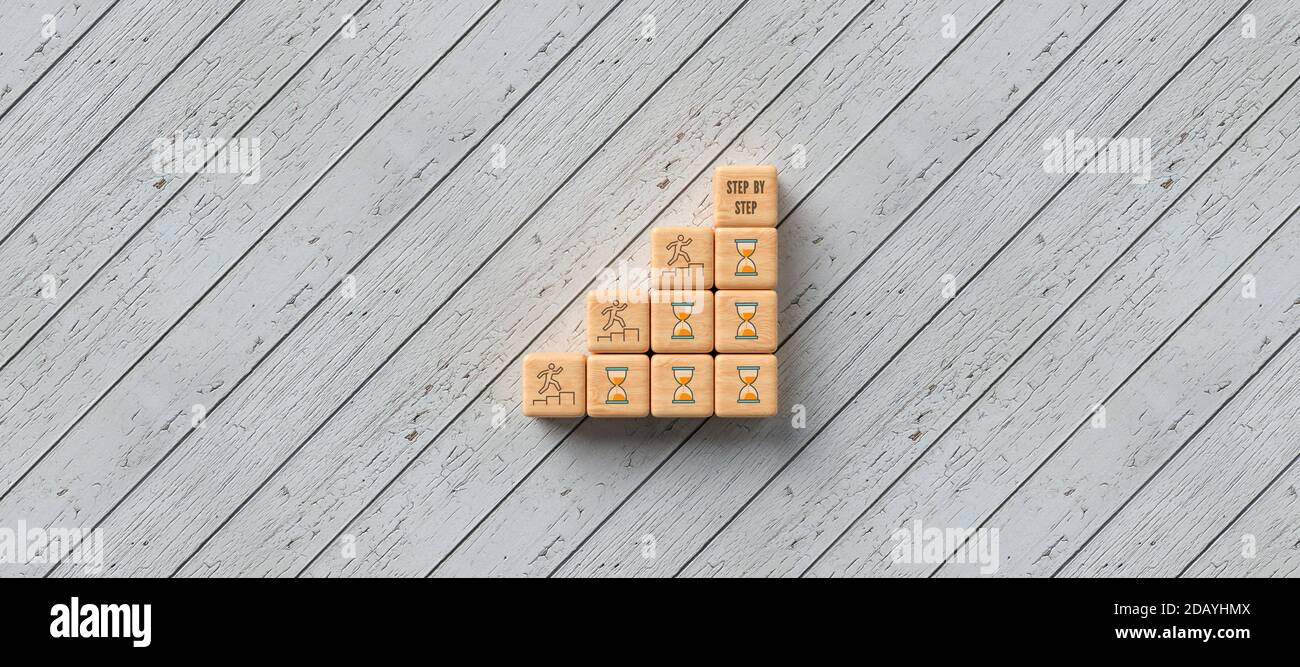 cubes forming a stair with people symbols and message STEP BY STEP ...