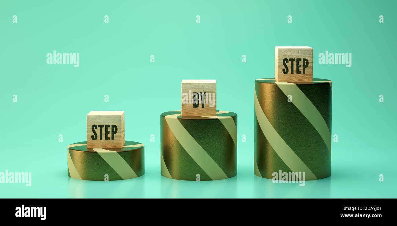 cubes with message STEP BY STEP on colorful pillars forming a stair ...