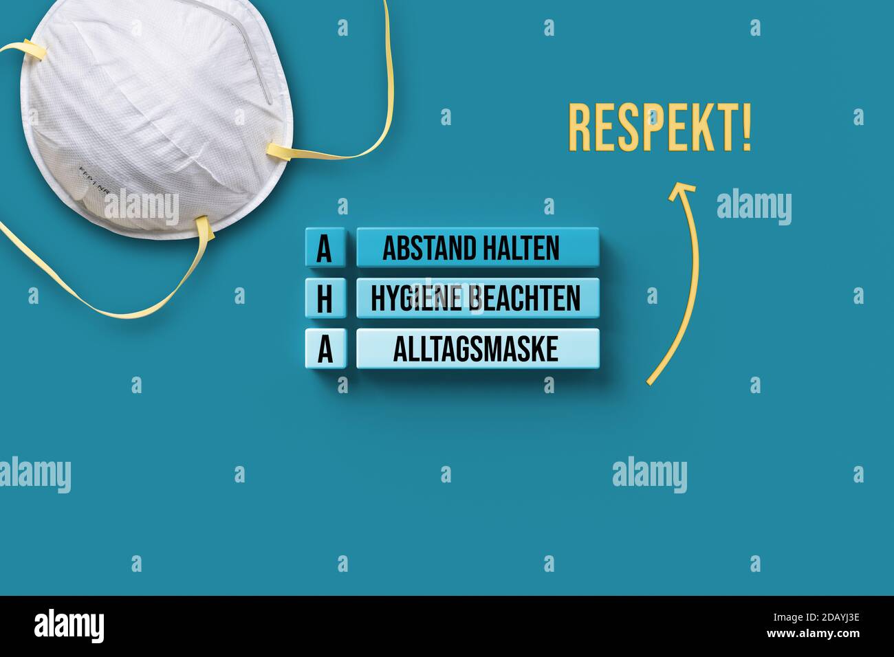 German acronym AHA for the three rules in a pandemic DISTANCE, HYGIENE ...