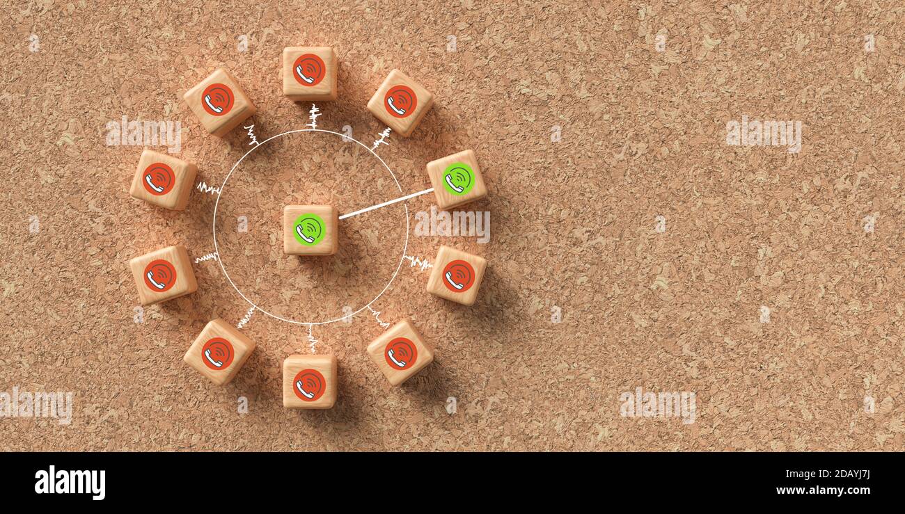cubes with icons symbolizing a call center on cork background - 3d ...
