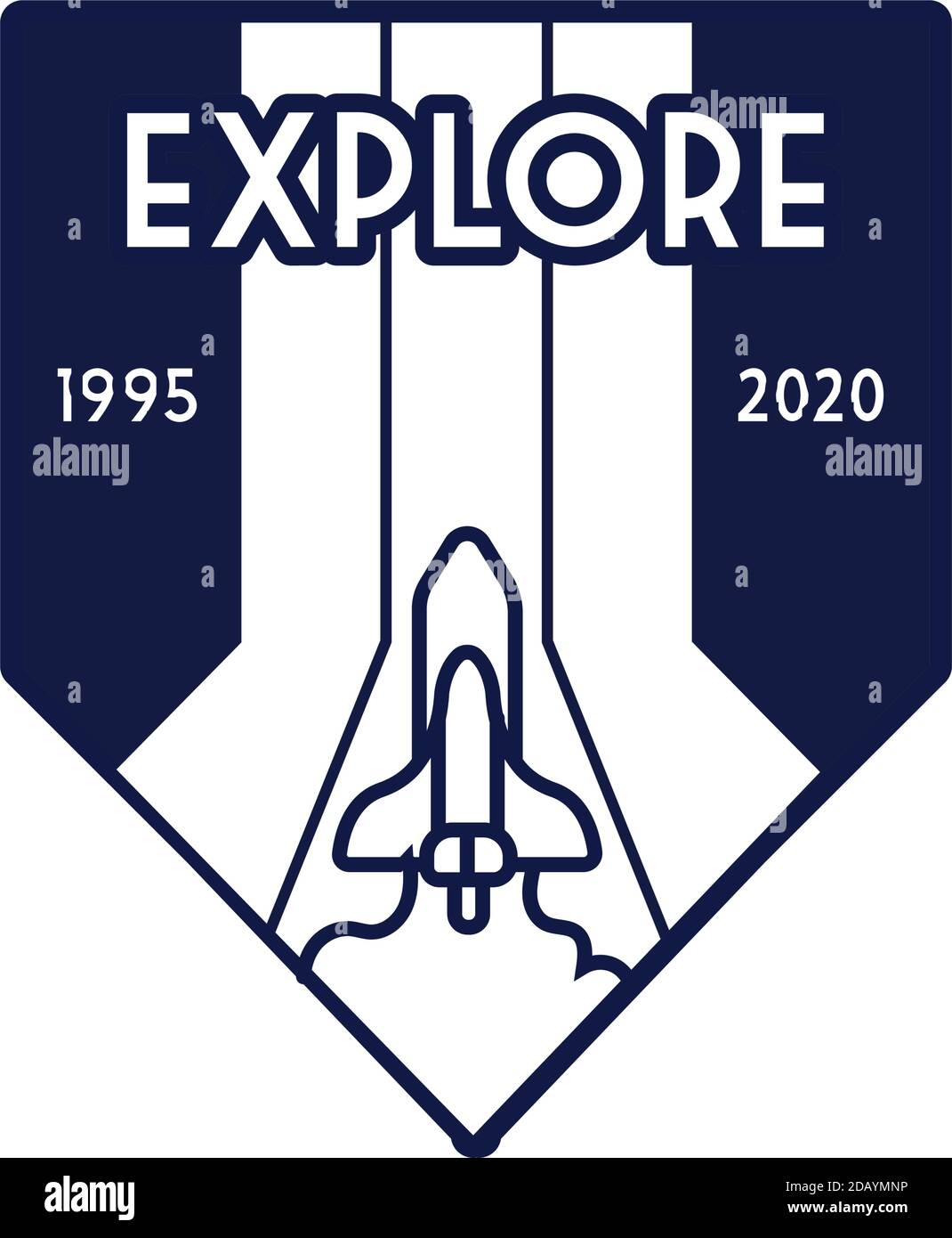 space badge with spaceship flying and explore lettering line style ...