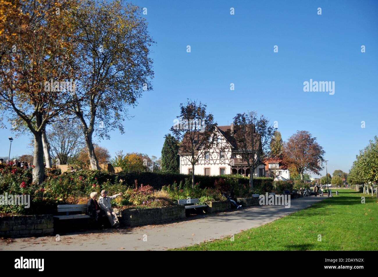 German old man and senior woman sitting relax on bench with people ...