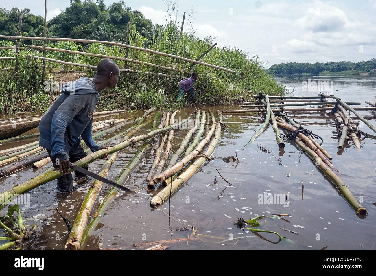 A boy crosses a small river locally known as Kikongo, transporting ...