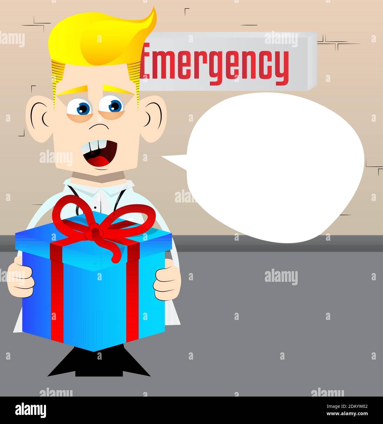 Funny cartoon doctor holding big gift box. Vector illustration. Medical ...