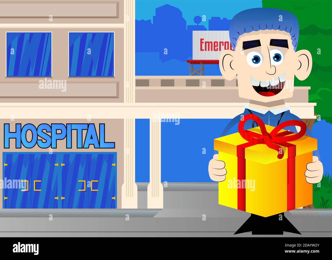 Funny cartoon doctor holding big gift box. Vector illustration. Medical ...