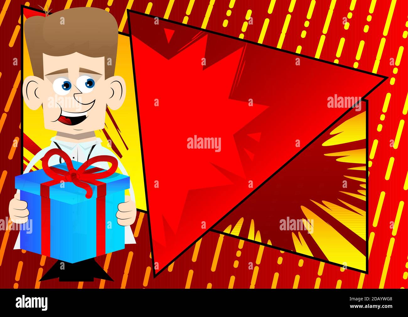 Funny cartoon doctor holding big gift box. Vector illustration. Medical ...