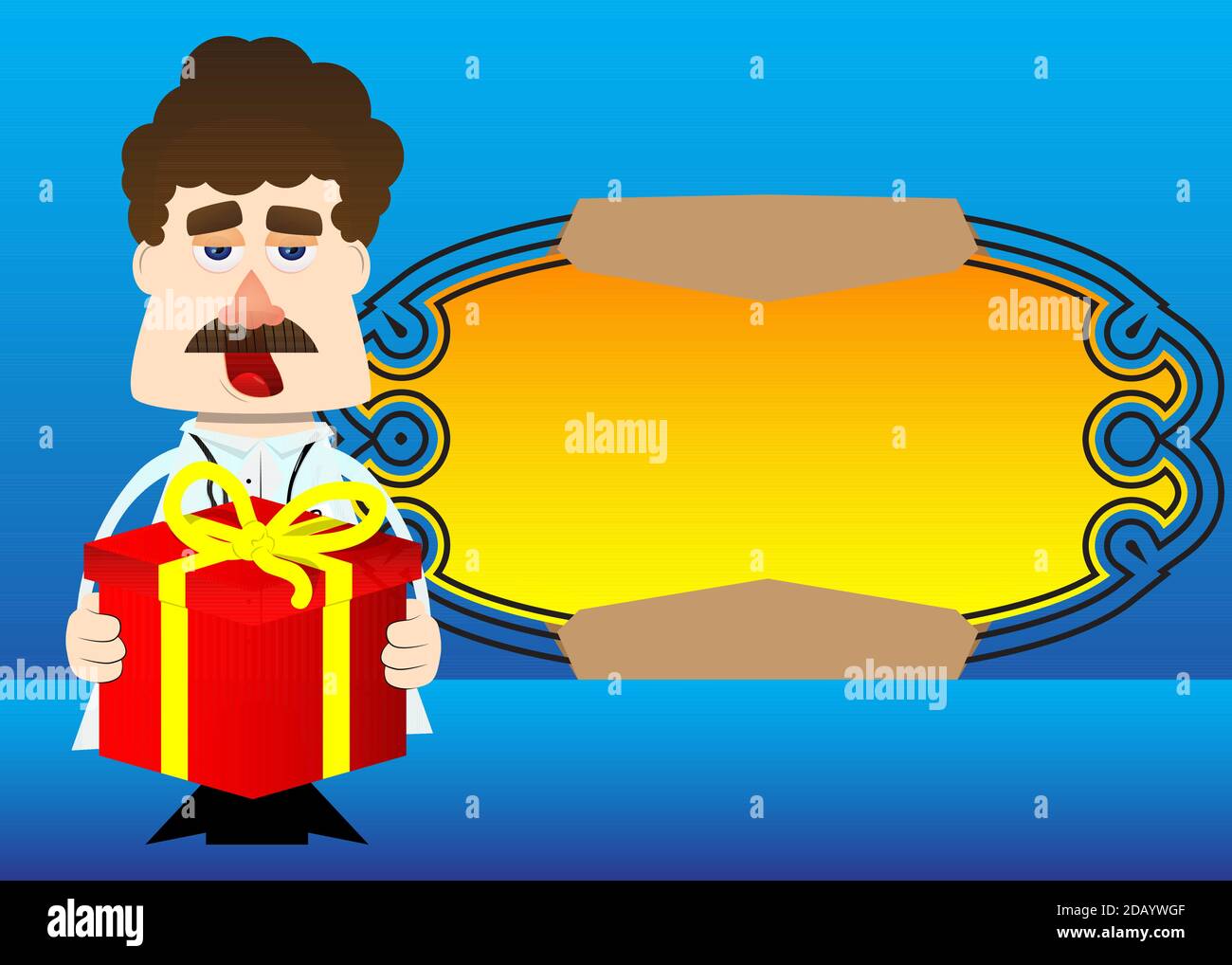 Funny cartoon doctor holding big gift box. Vector illustration. Medical ...