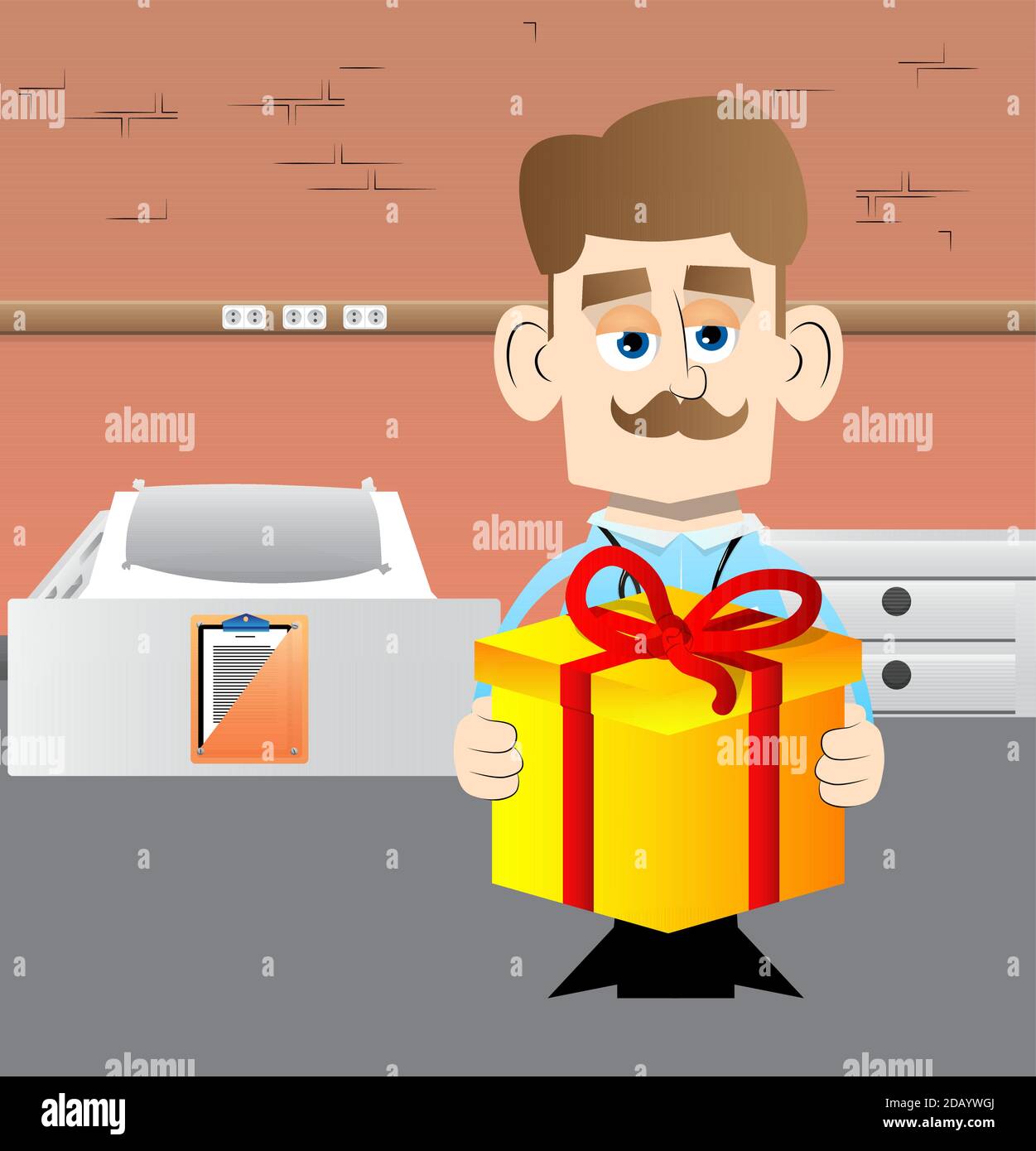 Funny cartoon doctor holding big gift box. Vector illustration. Medical ...