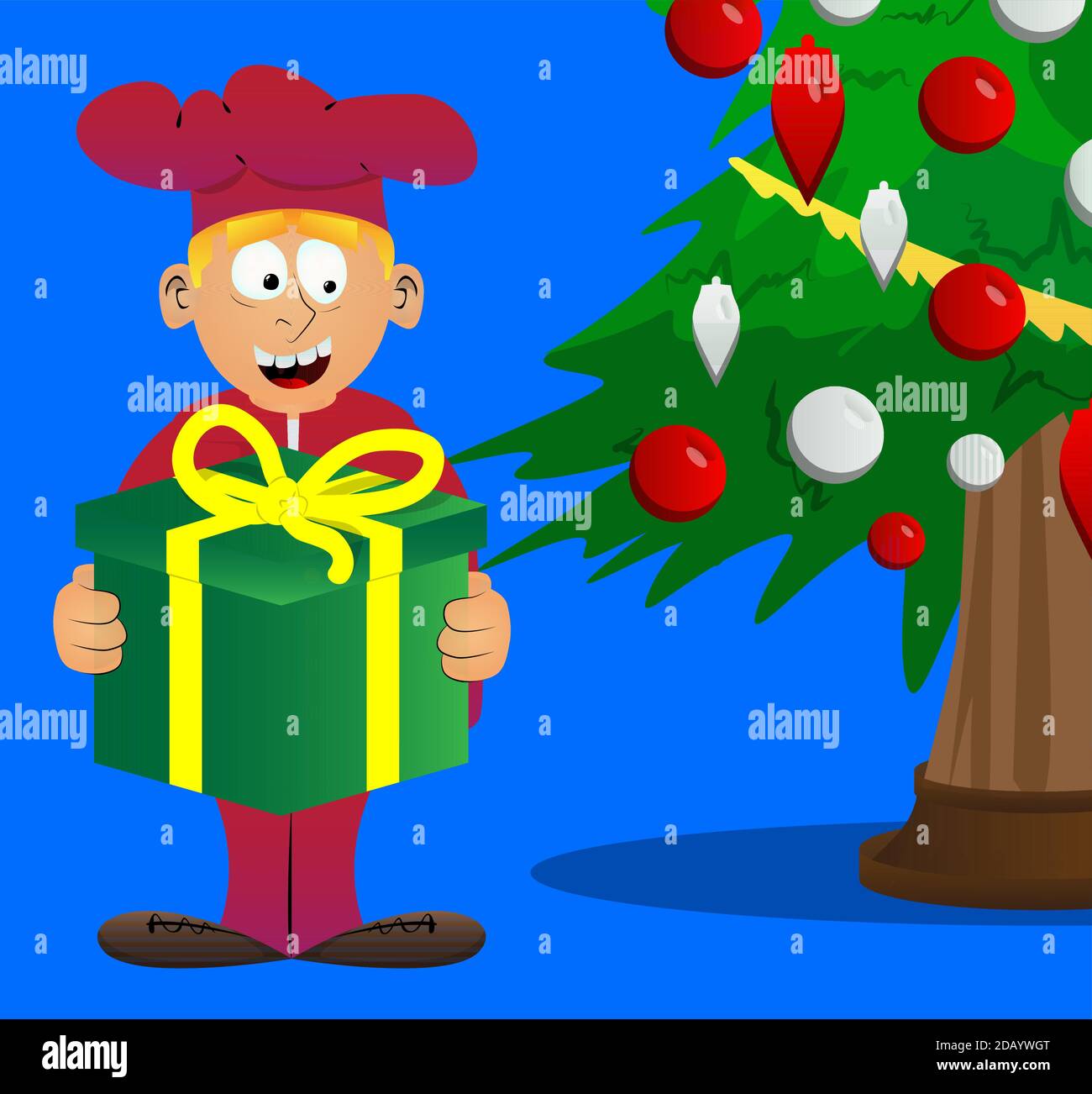 Fat male cartoon chef in uniform holding big gift box. Vector ...