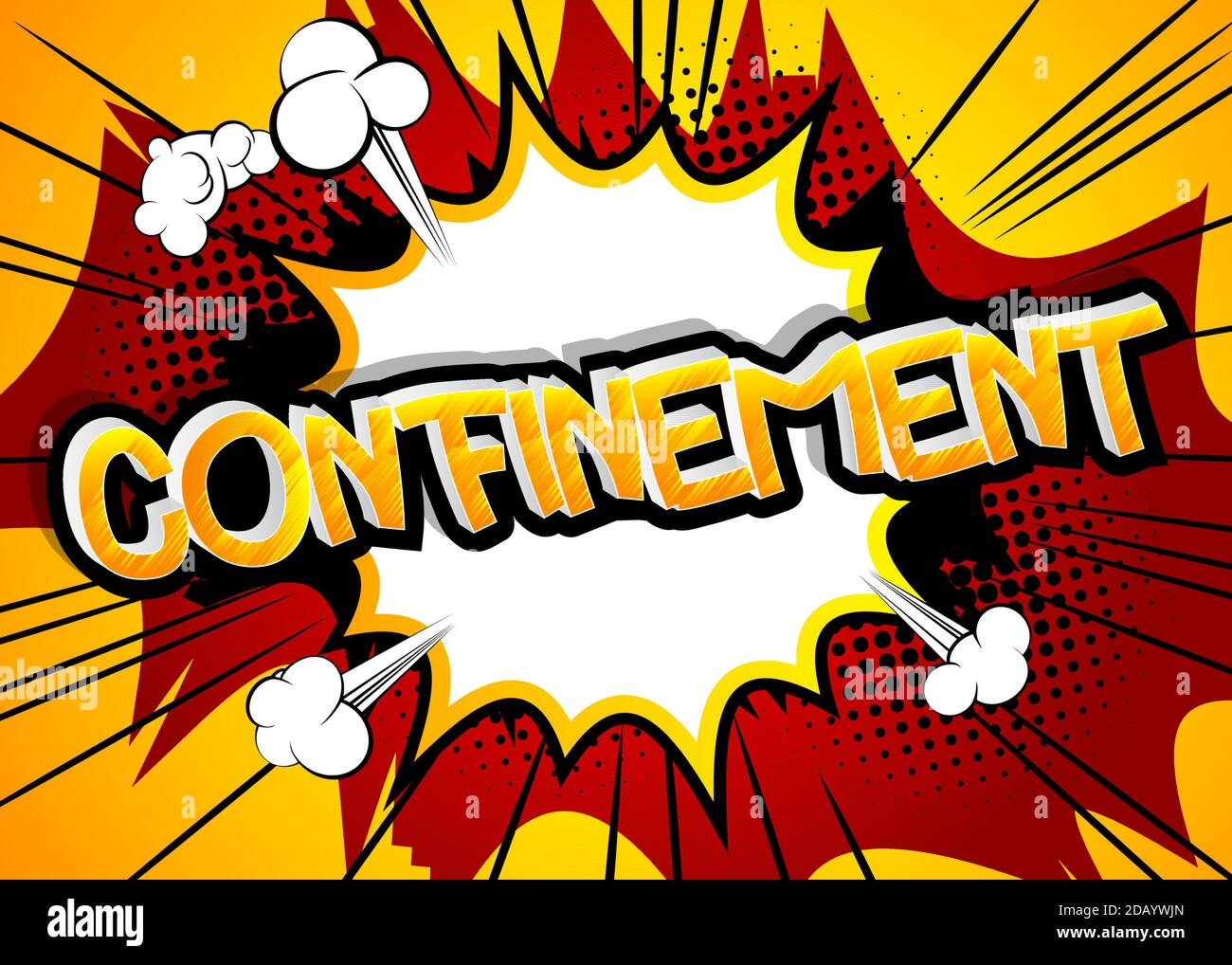 Confinement. Comic book style cartoon words on abstract colorful comics ...