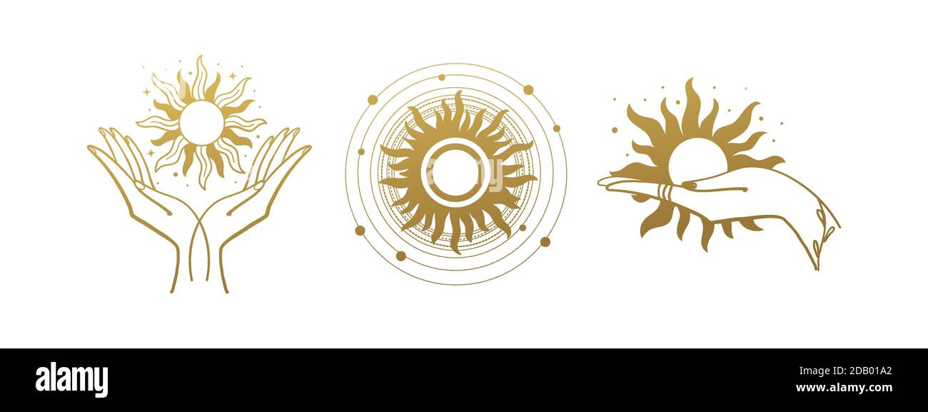 Set of mystical logos with the sun. The hand holds the sun. Set of ...