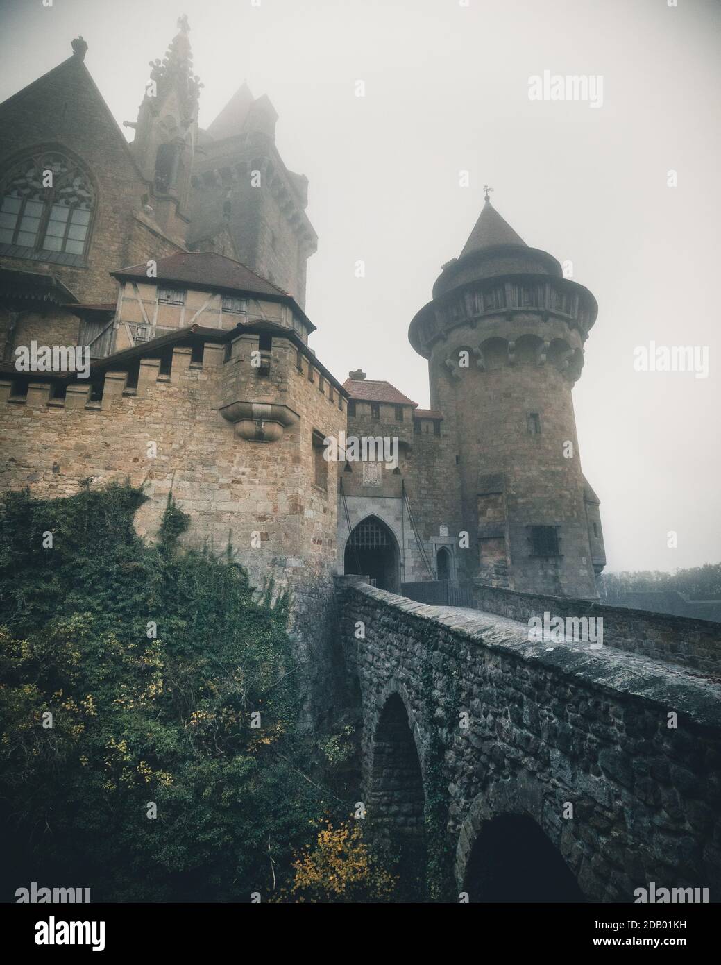 Castle Kreuzenstein in Austria during Autumn on a foggy Morning Stock ...