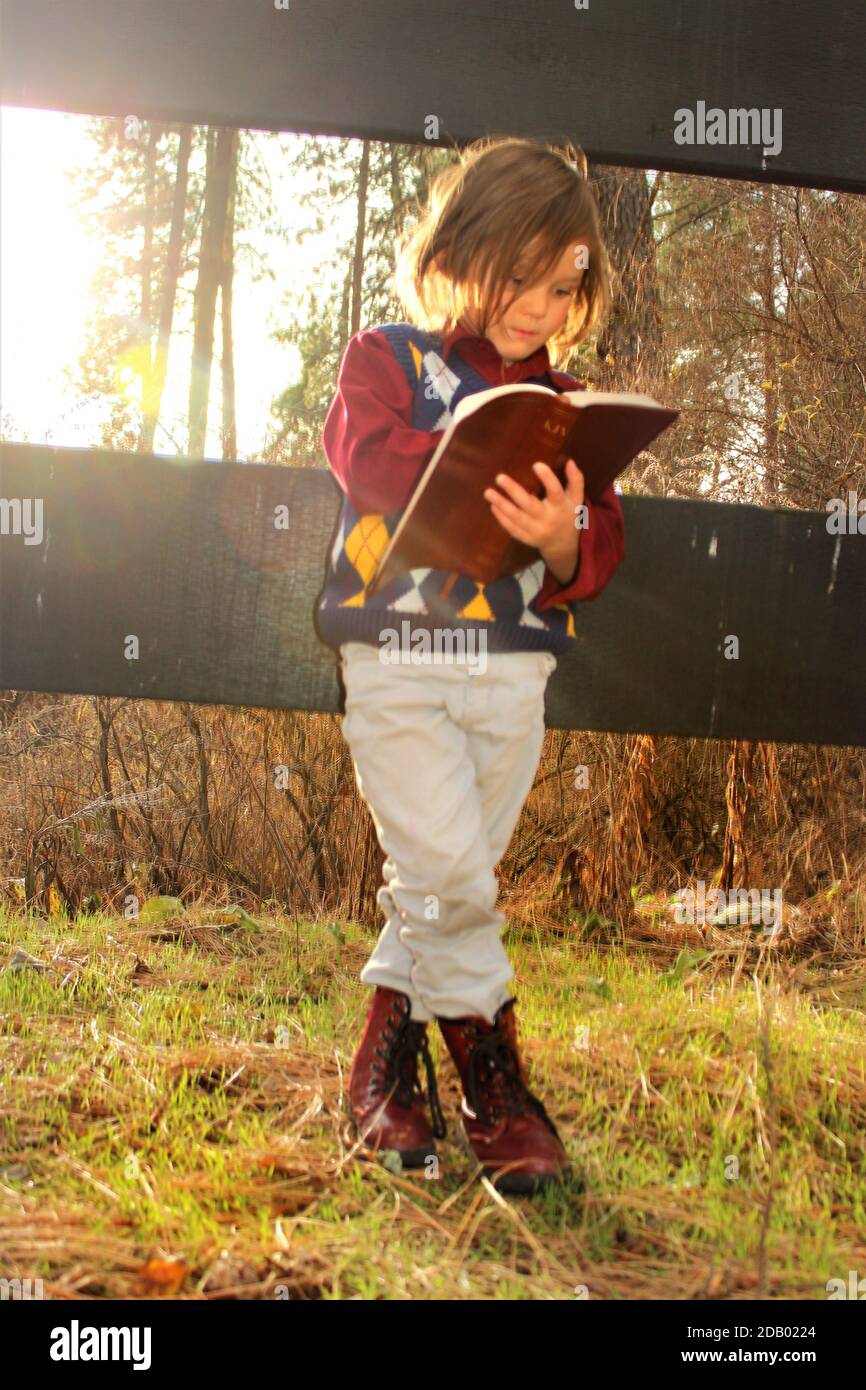 Boy Reading Outside Standing Stock Photo - Alamy