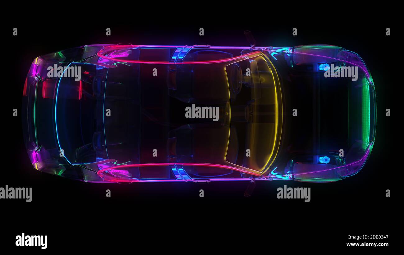 Glass car with neon lighting. The edges of the car are highlighted ...