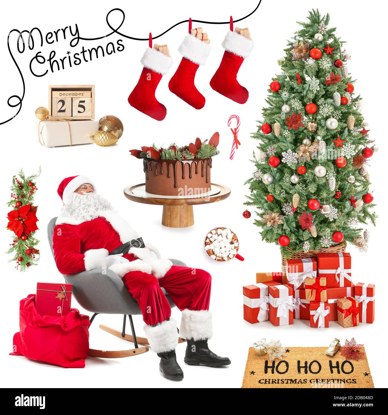 Collage with beautiful Christmas tree and Santa Claus sitting in ...