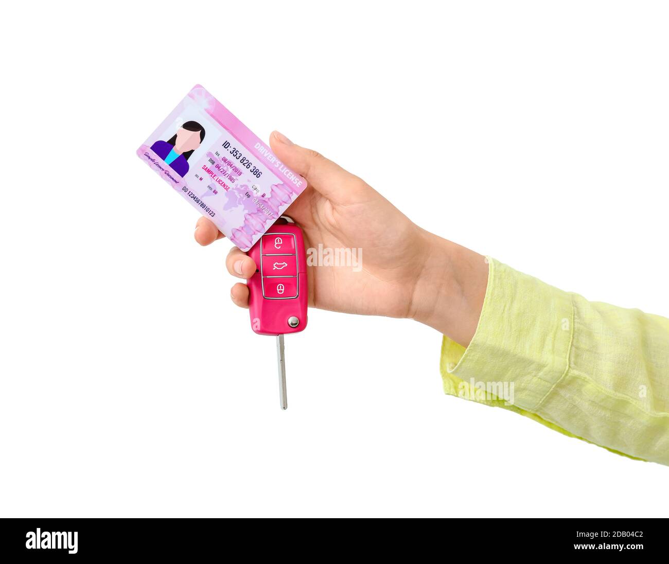 Female hand with driving license and car key on white background Stock ...