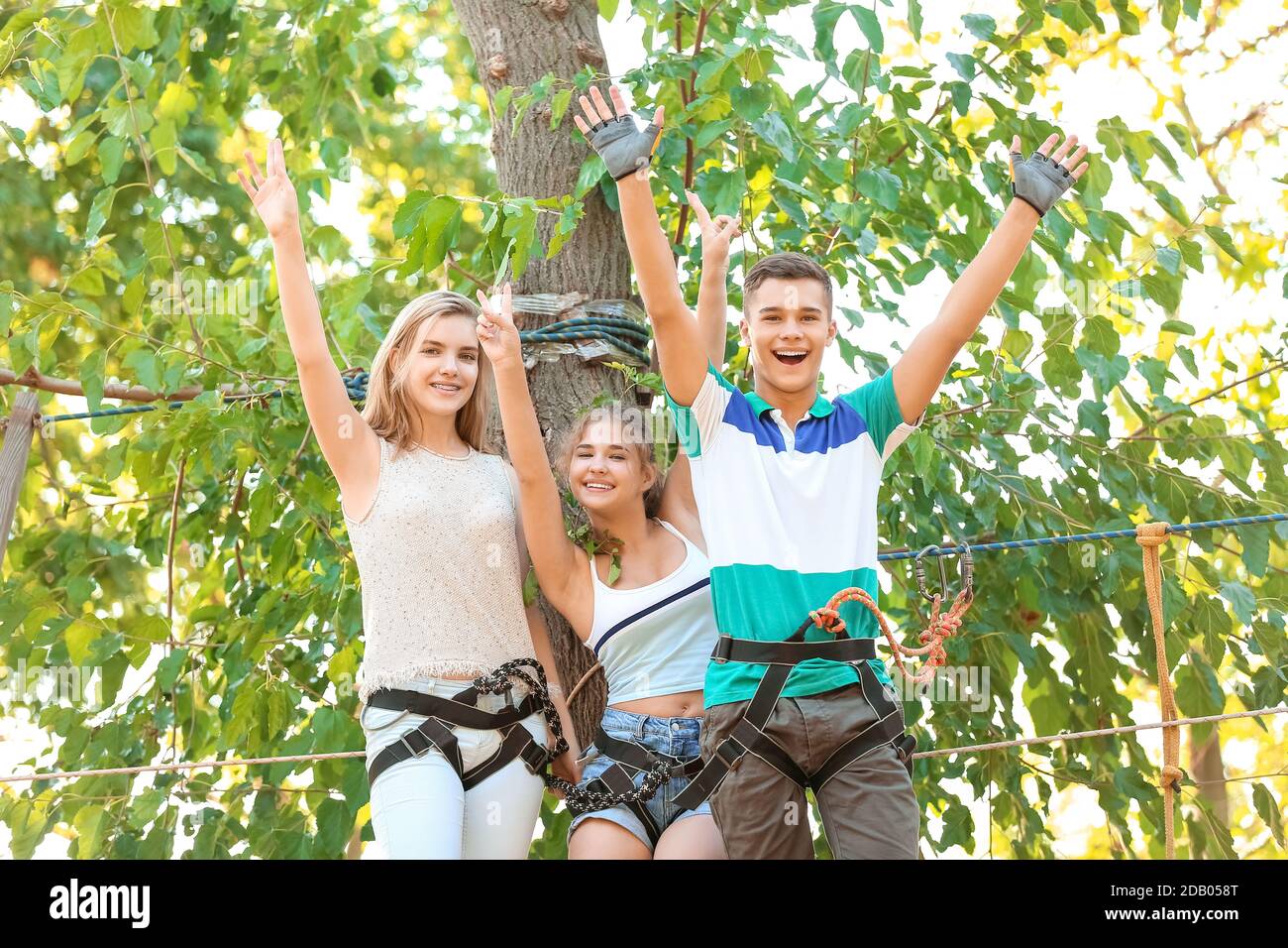 Happy teenagers climbing in adventure park Stock Photo - Alamy