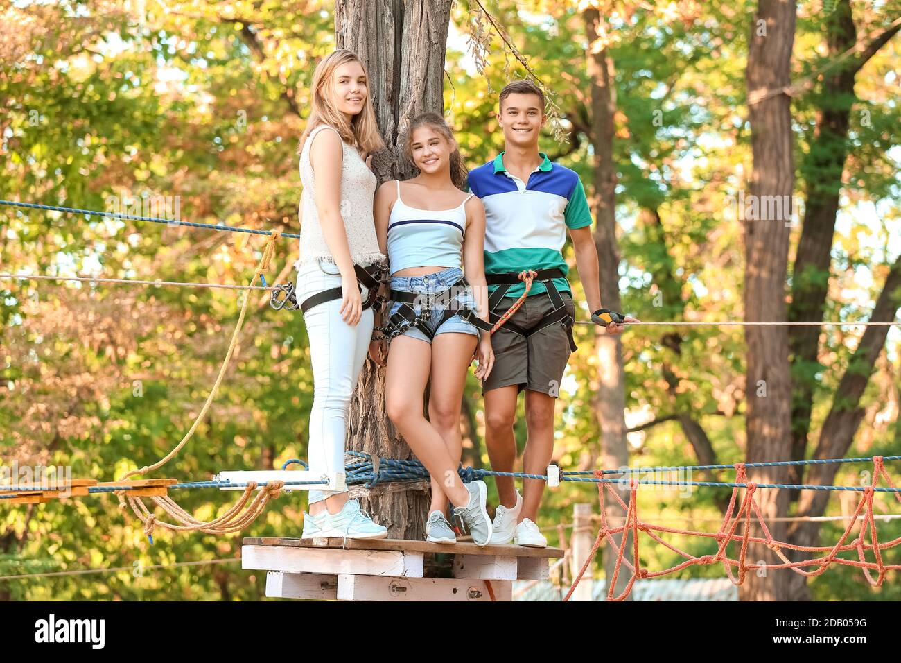 Teenagers climbing in adventure park Stock Photo - Alamy
