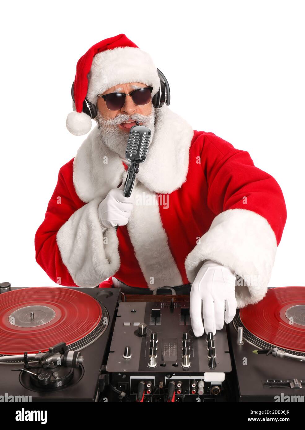 Cool Santa DJ playing music on white background Stock Photo - Alamy