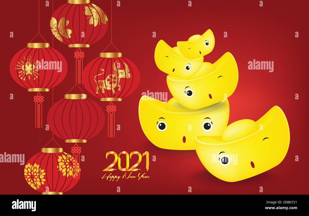 Happy Chinese New Year 2021 Background with chinese gold ingots and ...