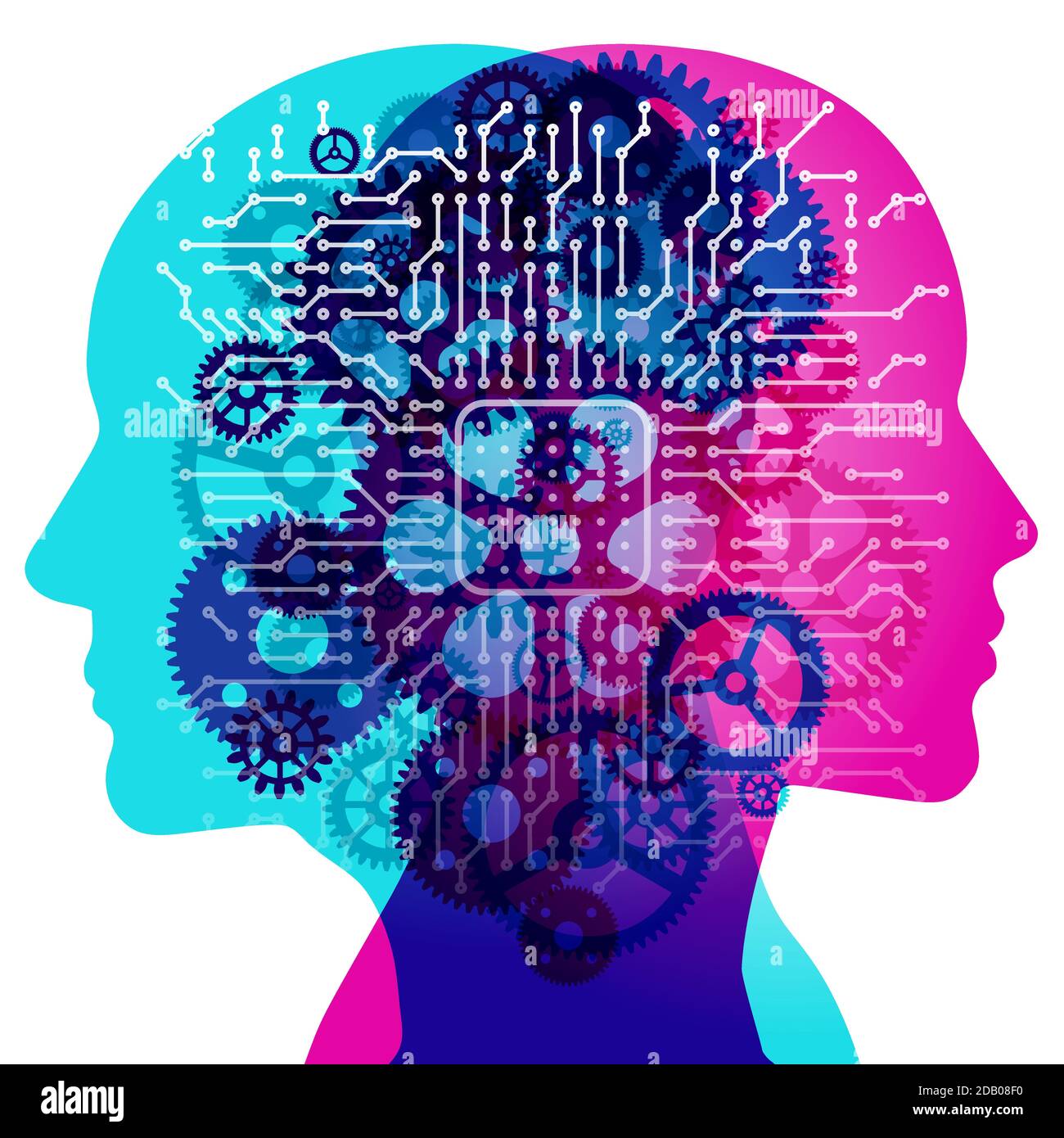 2-person back-to-back silhouette overlaid with semi-transparent Machine ...