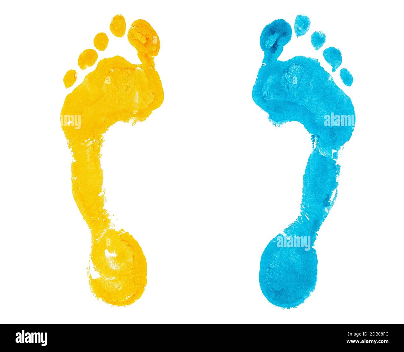Yellow & blue human footprint white background isolated closeup ...
