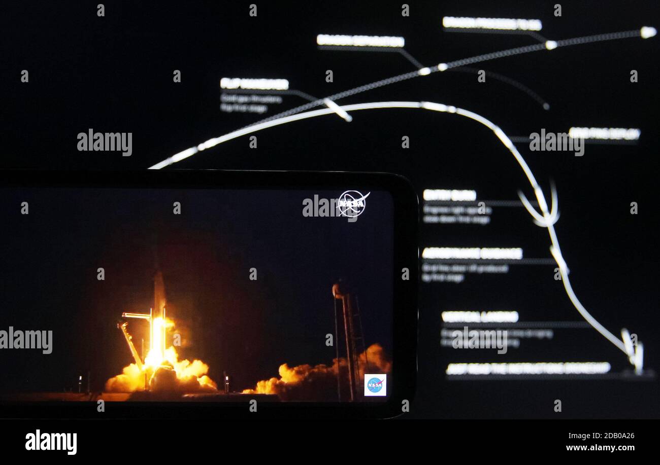 In this photo illustration a NASA SpaceX Crew-1 mission launch is seen ...