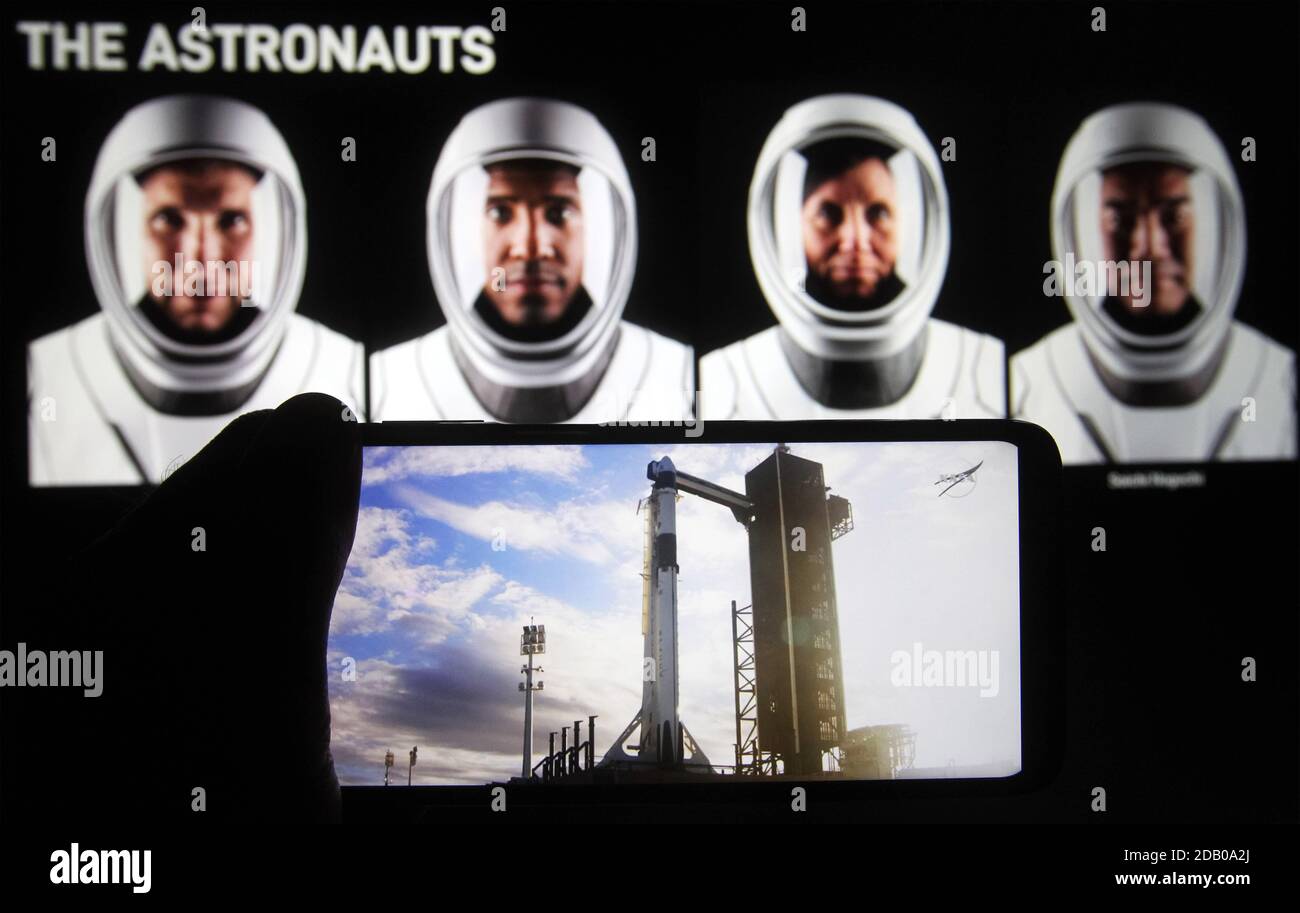 In this photo illustration a NASA SpaceX Crew-1 mission launch is seen ...