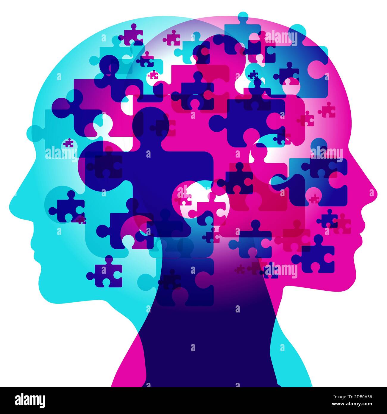 2 person face to face side silhouette overlaid with various sized ...