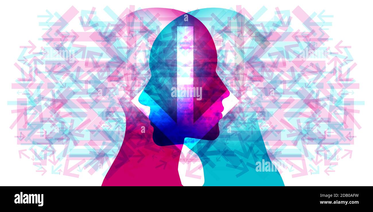 2 figure back-to-back side silhouette overlaid with transparent ...