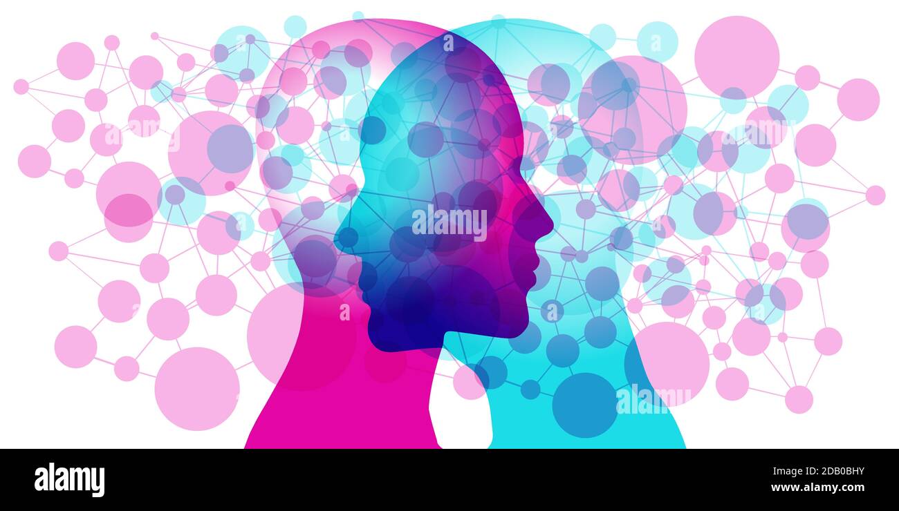 2 face-to-face side figure silhouettes overlaid with various semi ...