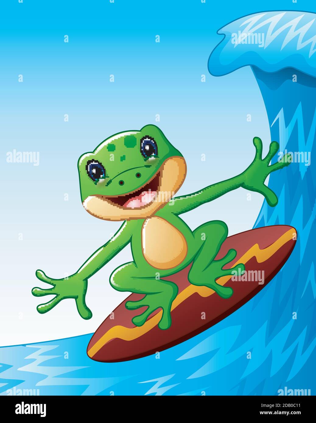Vector illustration of Smiling frog cartoon surfing on big sea waves ...
