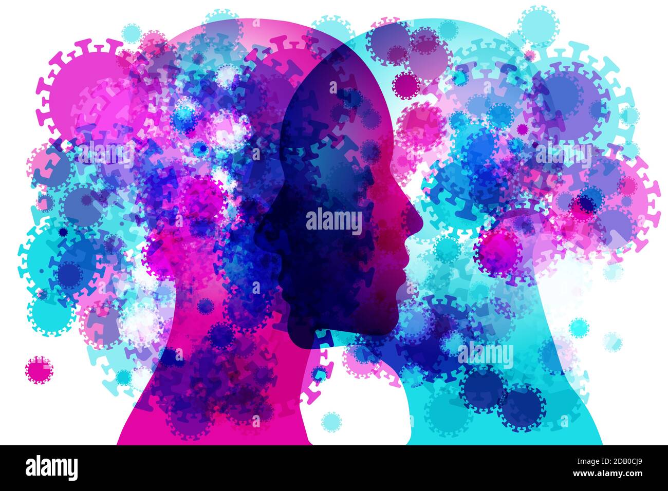 2 face-to-face side figure silhouettes overlaid with various sized ...