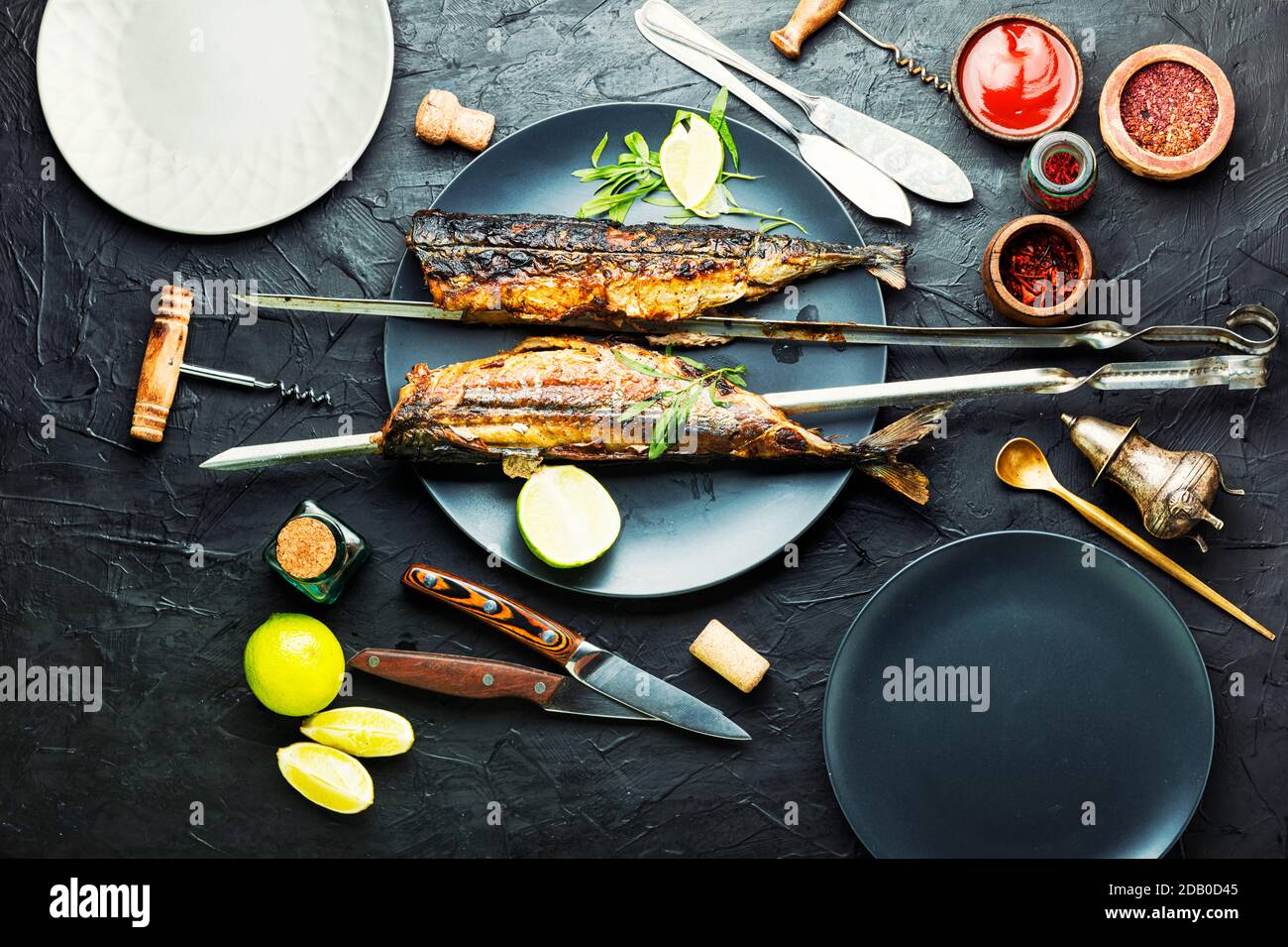 Fish kebab from mackerel. Mackerel on skewers. Grilled fish Stock Photo ...