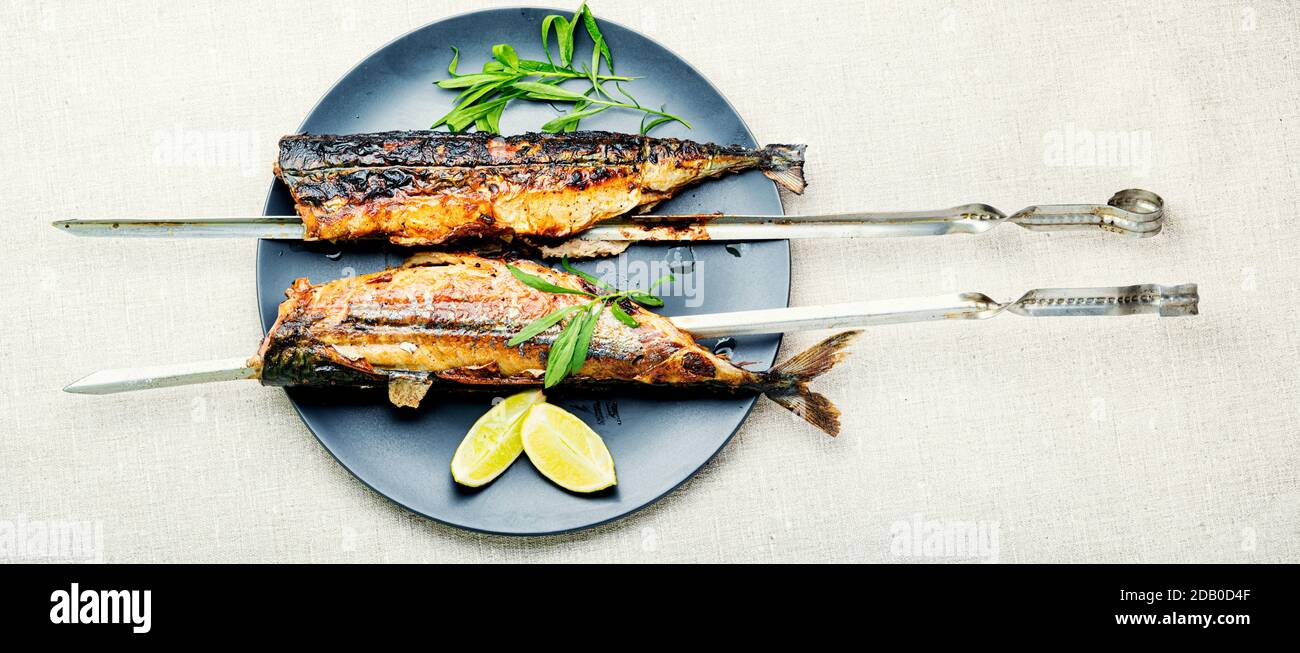 Fish kebab from mackerel.Mackerel on skewers.Fish barbecue skewer ...