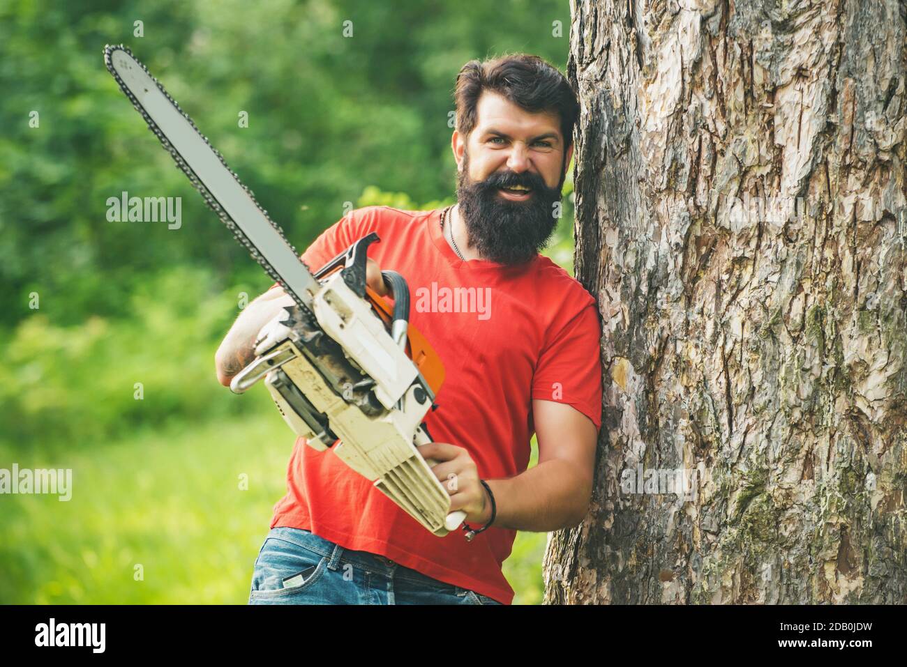 Lumberjack with chainsaw in his hands. The Lumberjack working in a ...