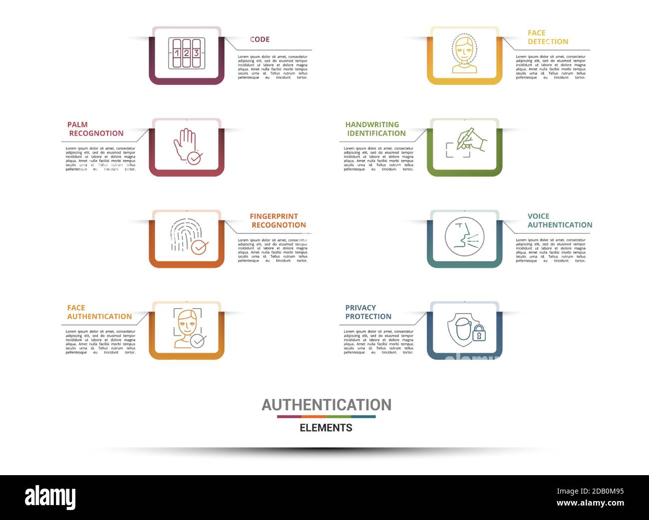 Infographic Authentication template. Icons in different colors. Include ...