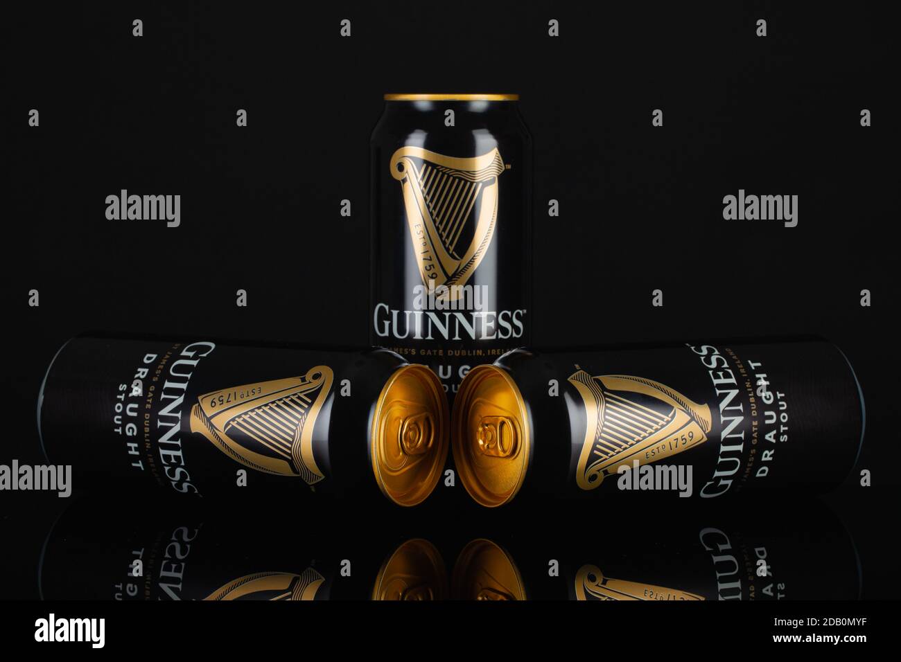 Prague,Czech Republic - 12 November,2020:Guinness cans on the black ...