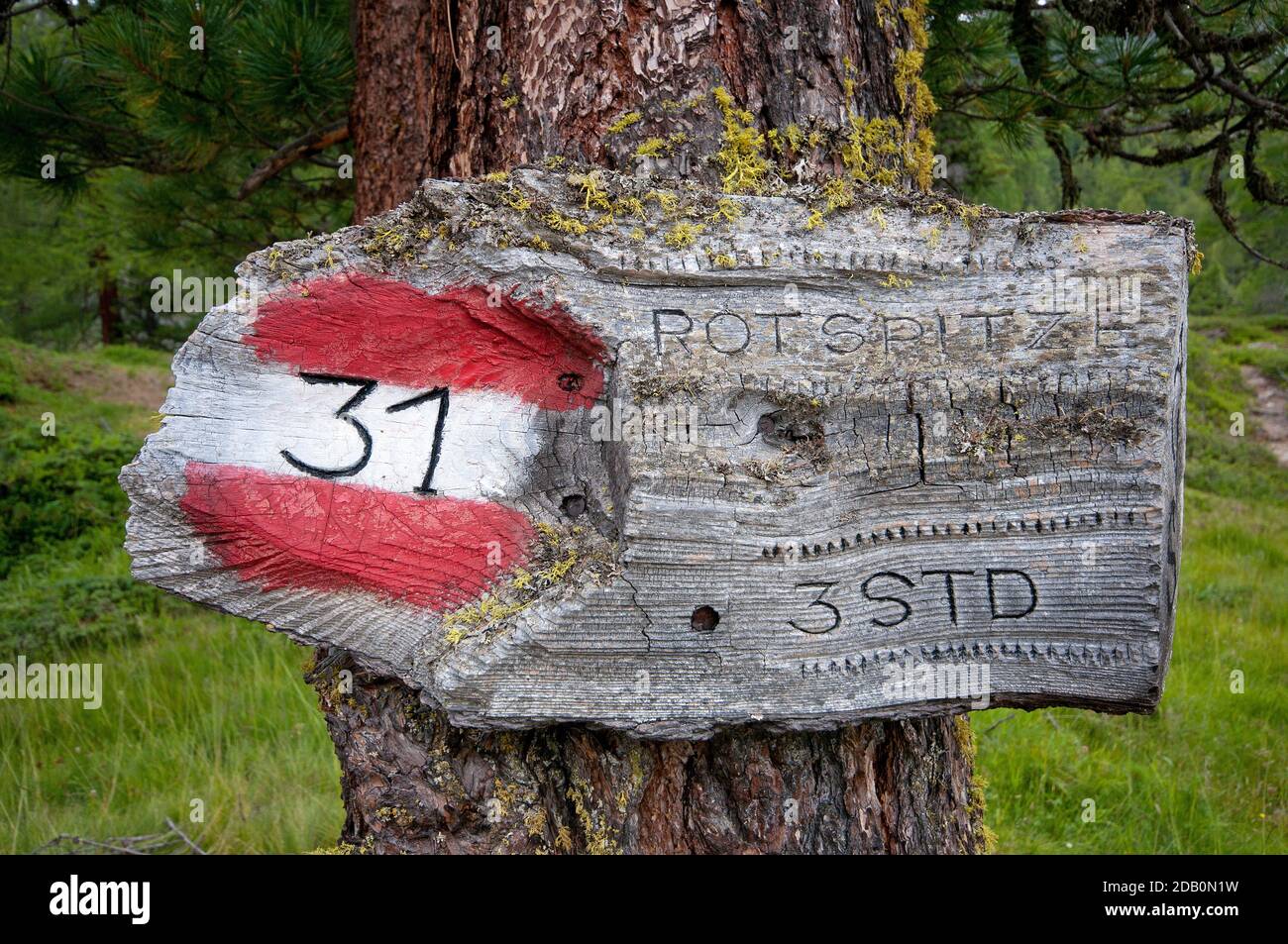 Wooden path sign in Martell Valley (Martelltal), Bolzano, Trentino-Alto ...