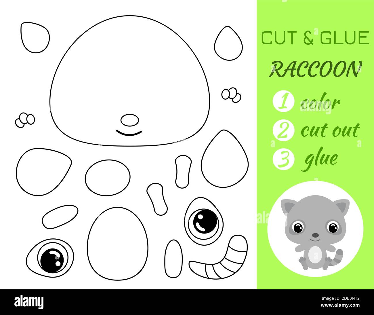 Simple educational game coloring page cut and glue sitting baby raccoon ...