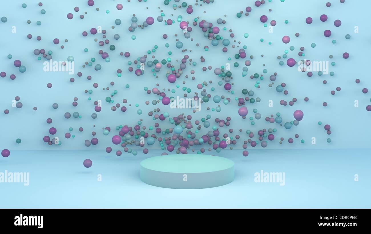Abstract stage with a podium and randomly flying balls around. Blue ...
