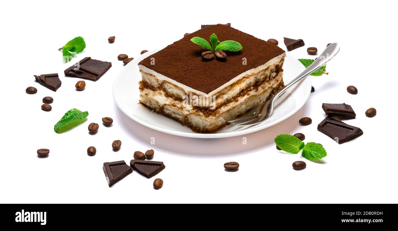 Traditional Italian Tiramisu square dessert portion on ceramic plate ...