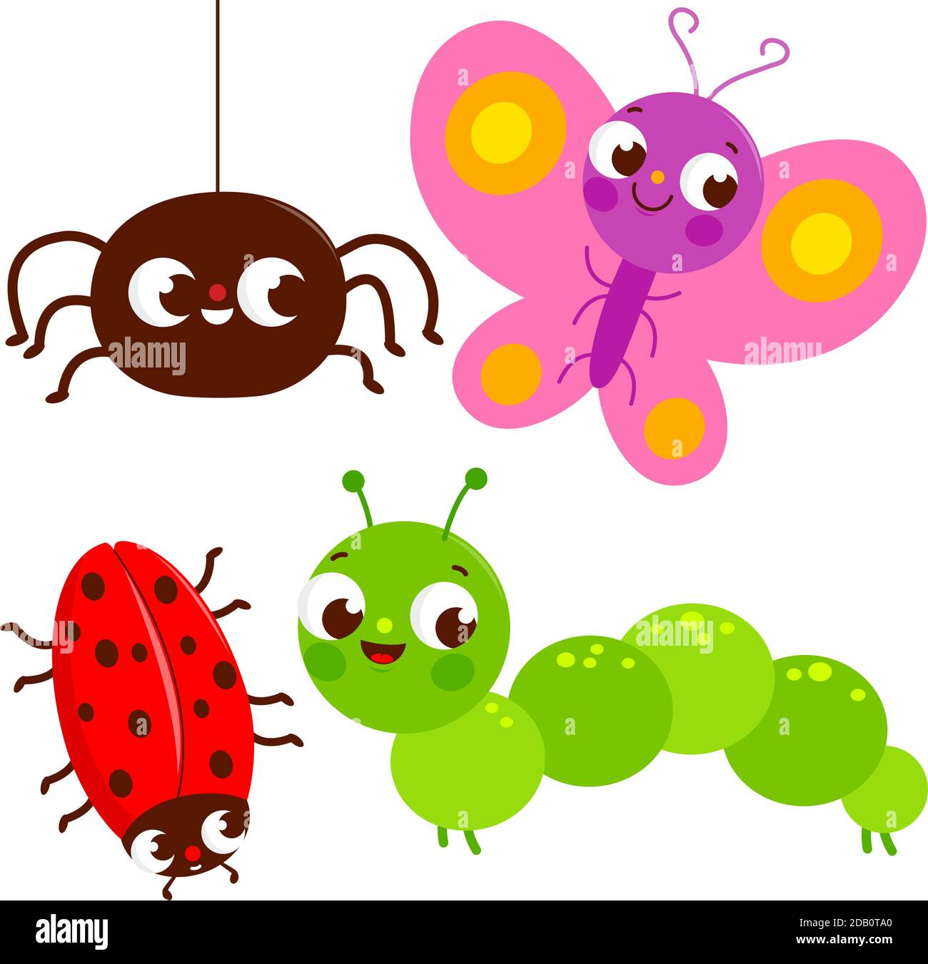 Set of cute colorful bugs. A spider, a butterfly, a beetle and a ...