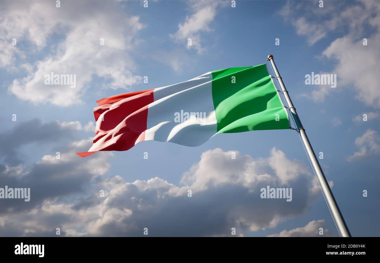 Beautiful national state flag of Italy fluttering at sky background ...