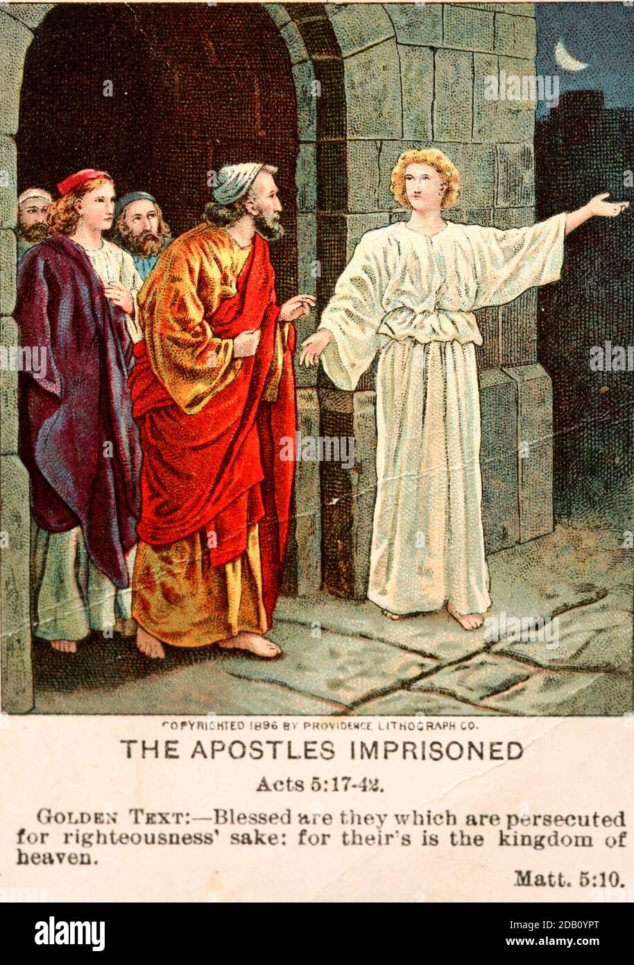 The imprisoned Apostles freed by an angel, old bible card ACTS 5:7-21 ...