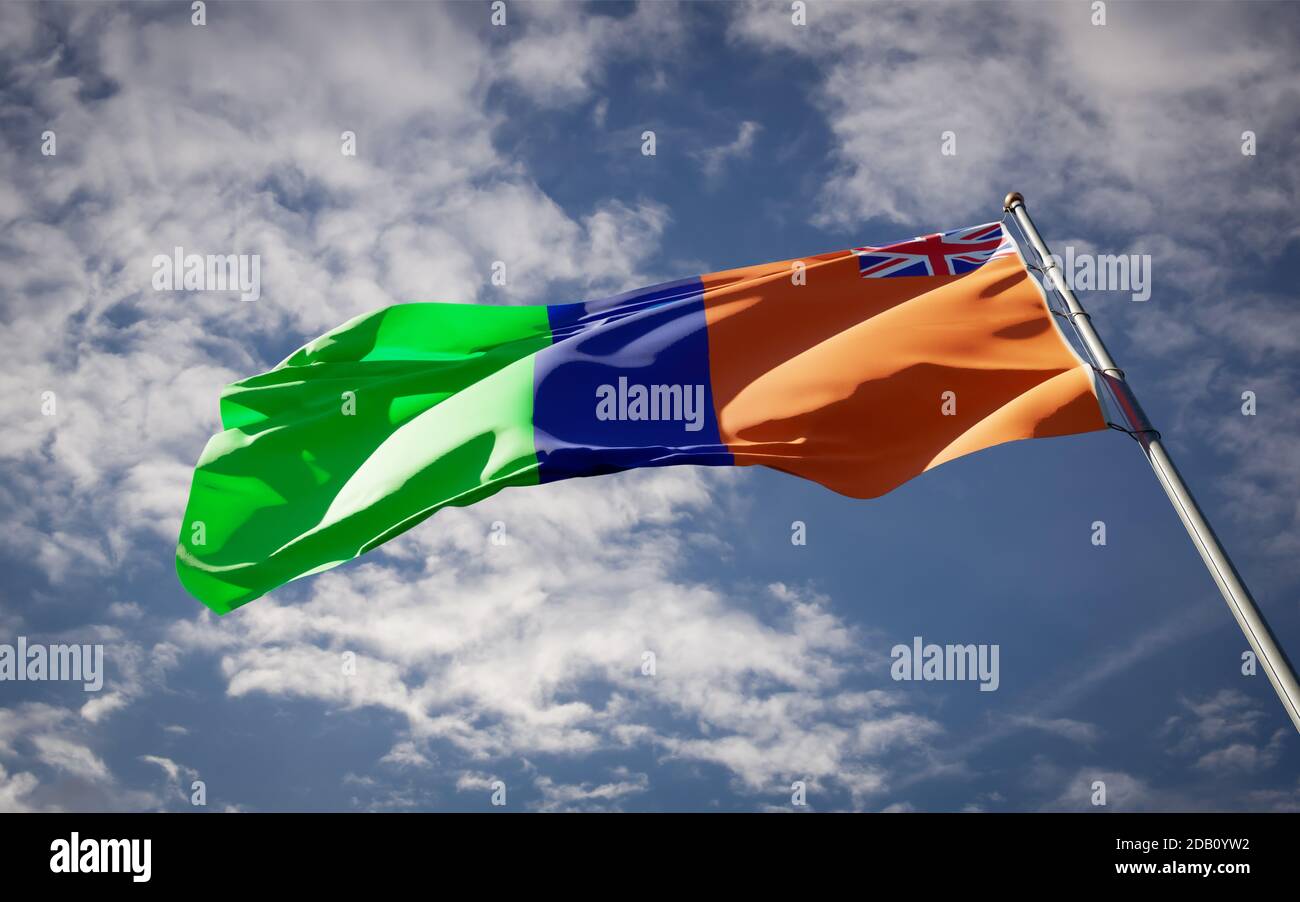 Beautiful national state flag of Sultanat fluttering at sky background ...