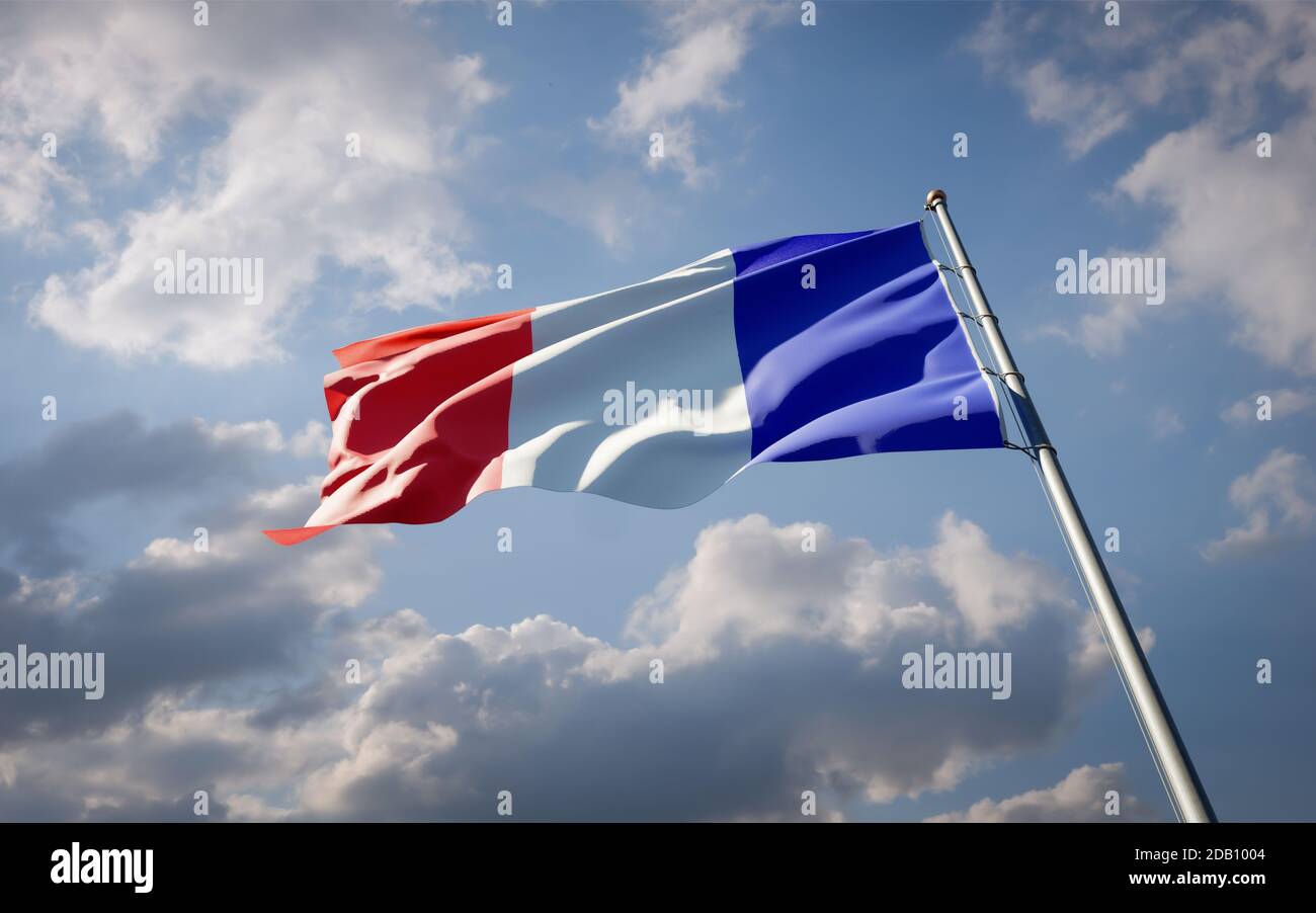 Beautiful national state flag of France fluttering at sky background ...