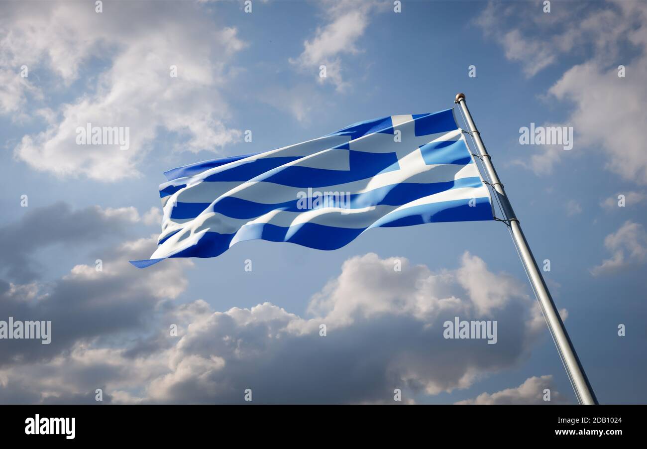 Beautiful national state flag of Greece fluttering at sky background ...