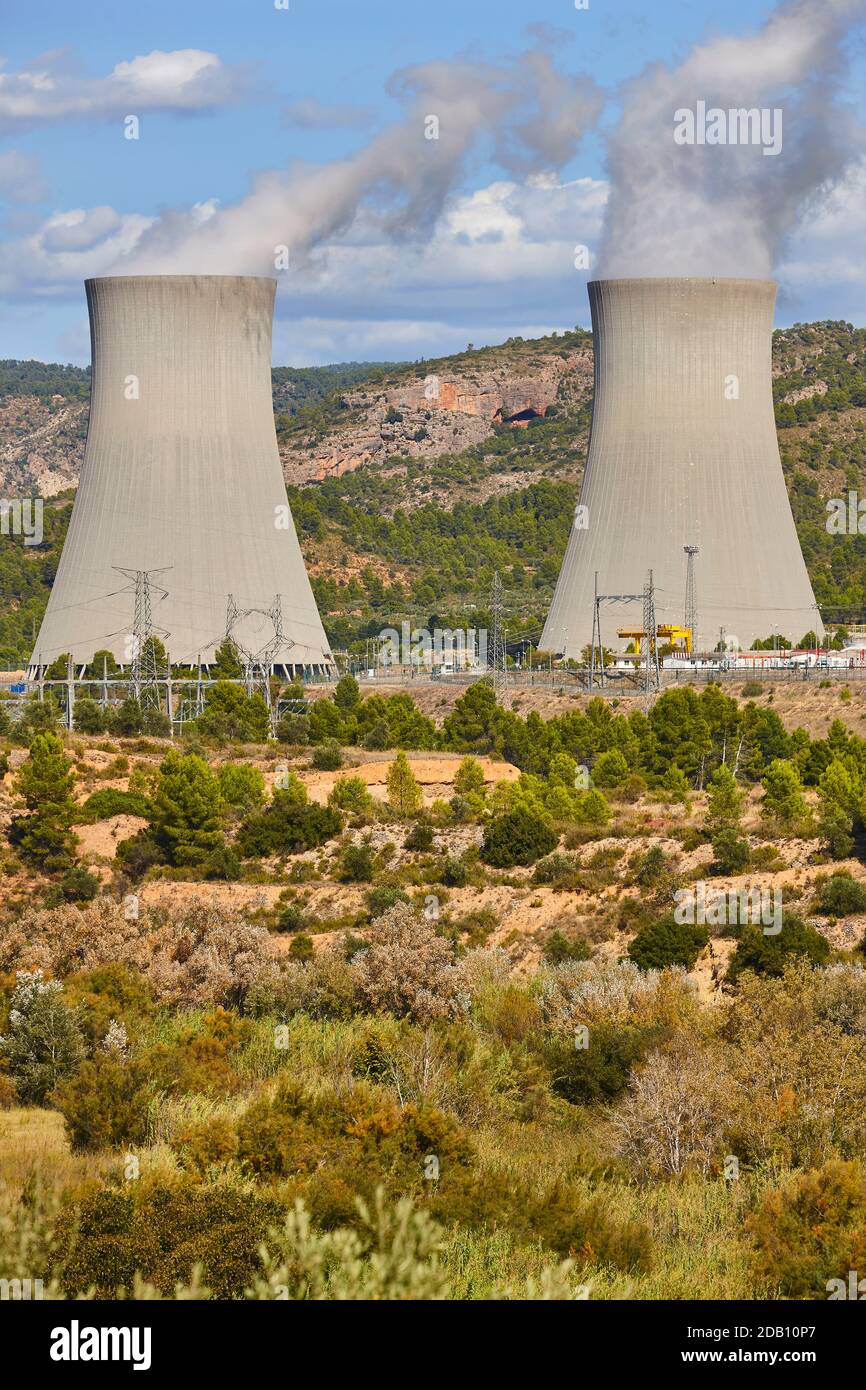 Nuclear power plant chimneys with steam. Sustainable energy Stock Photo ...