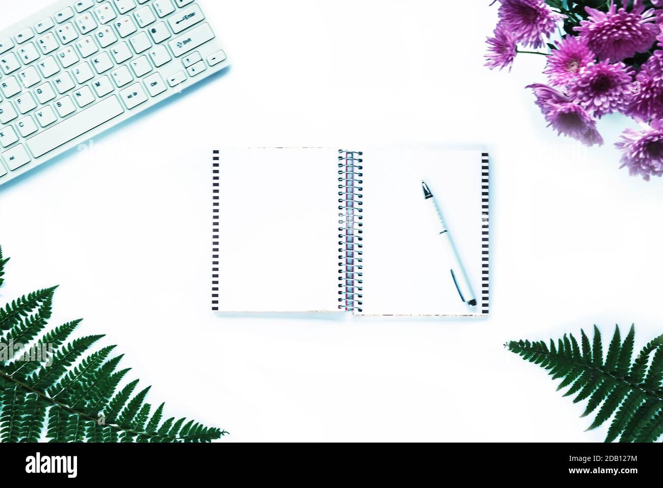 Keyboard, fern leaves and a bouquet of chrysanthemums on a white ...